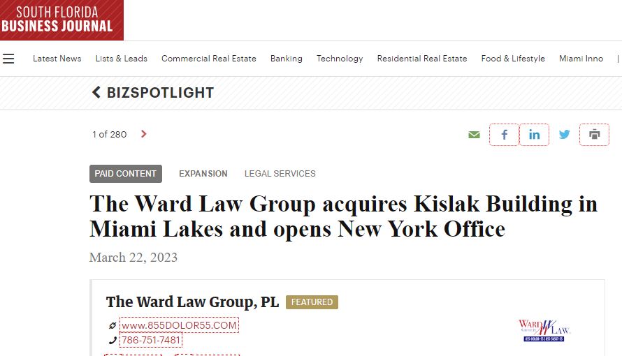 The Ward Law Group Expands to a Brand New Office In Miami Lakes